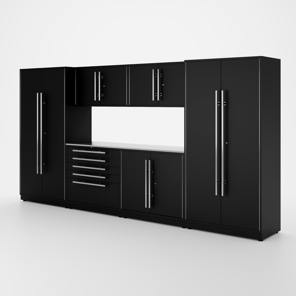 Proslat Lux Cabinets Black 7 Piece Set with Stainless Steel Worktop ...