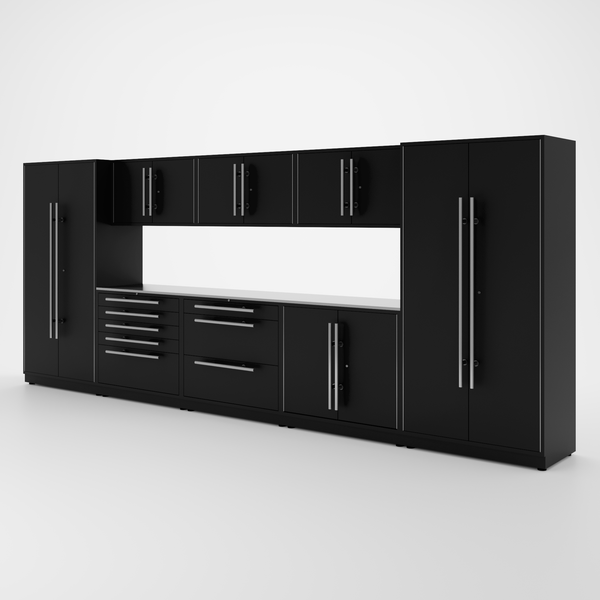 Proslat Lux Cabinets Black 9 Piece Set with Stainless Steel Worktop ...