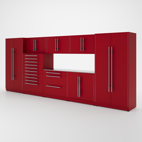 Proslat Lux Cabinets Red 9 Piece Set with Stainless Steel Worktop ...