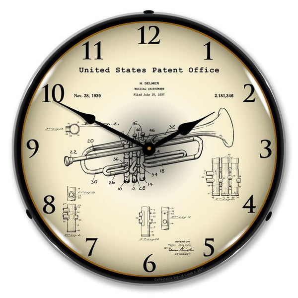 Collectable Sign and Clock - Trumpet 1937 Patent Clock 2103238 – Garage ...